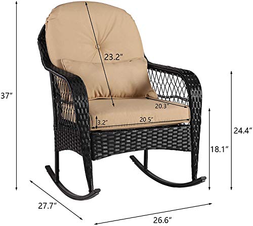 BAIJIAWEI B Outdoor Wicker Rocking Chair - Garden Patio Yard Porch Lawn Balcony Backyard Furniture All- Weather Wicker Rocker Chair with Cushions(1PC,Khaki)