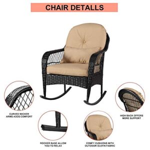 BAIJIAWEI B Outdoor Wicker Rocking Chair - Garden Patio Yard Porch Lawn Balcony Backyard Furniture All- Weather Wicker Rocker Chair with Cushions(1PC,Khaki)