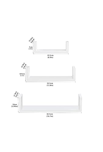 Daisyware Wall Mount U Shape Floating Shelves, MDF Wood Shelves Perfect in Bedroom, Living Room, Dining Room, Bathroom & Home Office, Set of 3 (White)