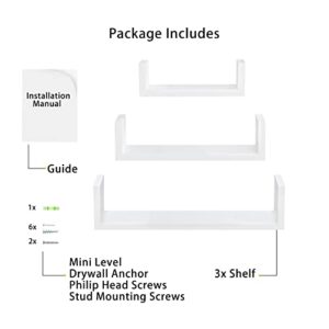 Daisyware Wall Mount U Shape Floating Shelves, MDF Wood Shelves Perfect in Bedroom, Living Room, Dining Room, Bathroom & Home Office, Set of 3 (White)