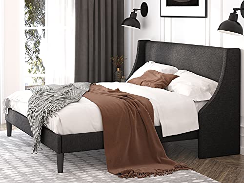 Einfach King Size Platform Bed Frame with Wingback Headboard/Fabric Upholstered Mattress Foundation with Wooden Slat Support, Dark Grey