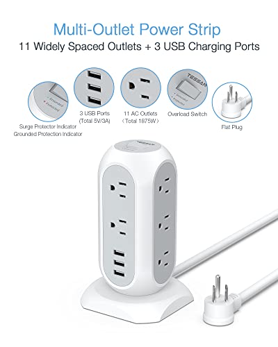 Tower Power Strip with 11 Outlets 3 USB Chargers, TESSAN Surge Protector Tower 1875W/15A, 6 Feet Extension Cord with Multiple Outlets, Flat Plug, Office Supplies, Desk Accessories, Dorm Essentials