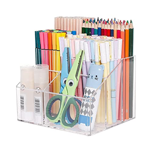 Yesesion Clear Pen Holder, Pen Organizer for Desk, Pencil Cup for Office, School Supplies, Home, Art Stationery, Desktop Storage and Accessories for Card, Marker, Brushes, Makeup Caddy, 5 Compartment