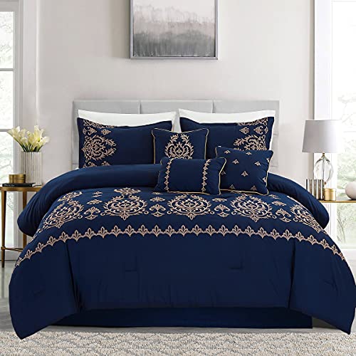 Merry Home Bedding Comforter Sets - Bed in A Bag California King Size Comforter Set(400GSM), 7 Pieces Comforter Set Soft and Comfortable for All Season (Navy, Cal King)