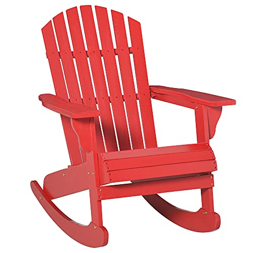 Outsunny Wooden Adirondack Rocking Chair Outdoor Lounge Chair Fire Pit Seating with Slatted Wooden Design, Fanned Back, & Classic Rustic Style for Patio, Backyard, Garden, Lawn Red