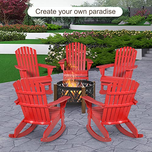 Outsunny Wooden Adirondack Rocking Chair Outdoor Lounge Chair Fire Pit Seating with Slatted Wooden Design, Fanned Back, & Classic Rustic Style for Patio, Backyard, Garden, Lawn Red