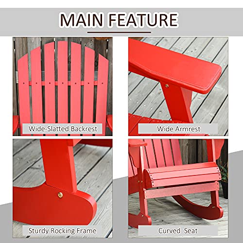 Outsunny Wooden Adirondack Rocking Chair Outdoor Lounge Chair Fire Pit Seating with Slatted Wooden Design, Fanned Back, & Classic Rustic Style for Patio, Backyard, Garden, Lawn Red