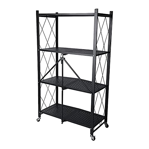 XMSound 4-Tier Foldable Storage Shelves with 12 Hooks, No Assemble Needed Wide Folding Metal Shelf with Caster Wheels for Garage Kitchen Home Closet Office