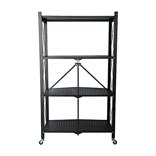 XMSound 4-Tier Foldable Storage Shelves with 12 Hooks, No Assemble Needed Wide Folding Metal Shelf with Caster Wheels for Garage Kitchen Home Closet Office