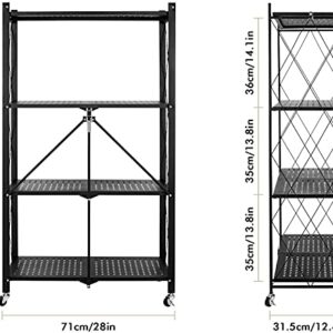 XMSound 4-Tier Foldable Storage Shelves with 12 Hooks, No Assemble Needed Wide Folding Metal Shelf with Caster Wheels for Garage Kitchen Home Closet Office