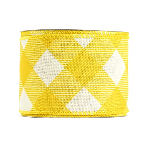 MEEDEE Yellow White Checkered Ribbon Christmas Wired Ribbon Yellow Burlap Ribbon 2.5 inch x 10 Yards for Christmas Tree Decoration Crafts Bows Making Wreath Wrapping Home Decor