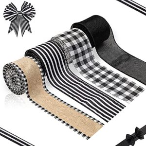 mallmall6 4 rolls farmhouse wired edge faux burlap ribbons 2.5" x 30 yards plaid check black white gray stripe ribbon linen sackcloth crafts for flower wreath floral bouquet wrapping home decor