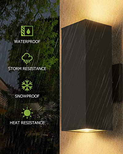 harriet Modern Outdoor Wall Lights, Aluminum Outdoor Wall Sconce Waterproof Rustproof, Up and Down Lighting Exterior Sconces Square Shape Porch Lantern, Sanded Black Finish