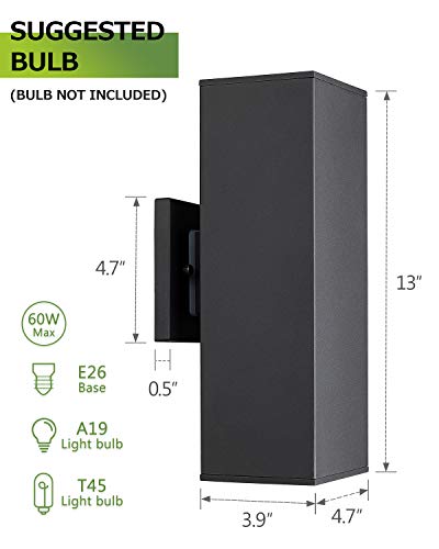 harriet Modern Outdoor Wall Lights, Aluminum Outdoor Wall Sconce Waterproof Rustproof, Up and Down Lighting Exterior Sconces Square Shape Porch Lantern, Sanded Black Finish