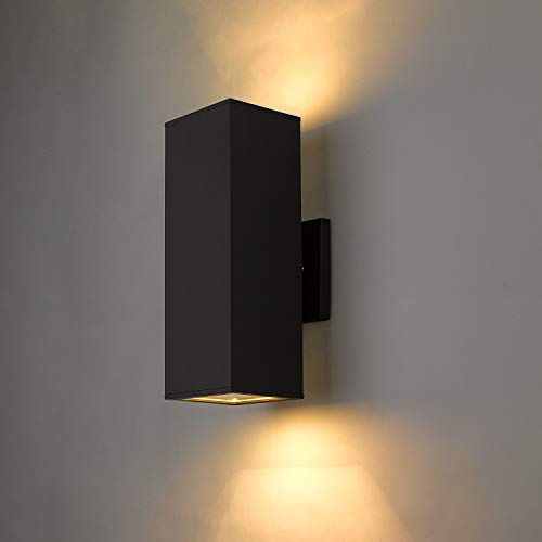 harriet Modern Outdoor Wall Lights, Aluminum Outdoor Wall Sconce Waterproof Rustproof, Up and Down Lighting Exterior Sconces Square Shape Porch Lantern, Sanded Black Finish