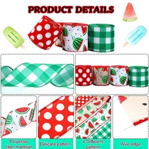 4 Rolls 20 Yards x 2.5 Inch Wired Ribbons Watermelon Printed Ribbons Check Plaid Dot Pattern Green Red Ribbons for Summer Wreaths, Wrapping, Floral Arrangements and DIY Crafting Supplies, 4 Styles