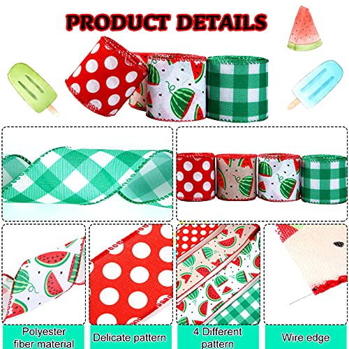 4 Rolls 20 Yards x 2.5 Inch Wired Ribbons Watermelon Printed Ribbons Check Plaid Dot Pattern Green Red Ribbons for Summer Wreaths, Wrapping, Floral Arrangements and DIY Crafting Supplies, 4 Styles