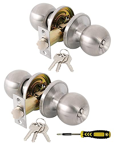 Lanwandeng (2 Pack) Entry Door Knob with Lock and Keys, Exterior/Interior Door Locks with Screwdriver for Bedroom or Bathroom,Satin Nickel Door knobs