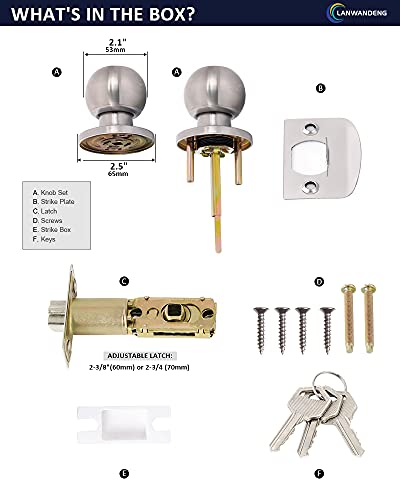 Lanwandeng (2 Pack) Entry Door Knob with Lock and Keys, Exterior/Interior Door Locks with Screwdriver for Bedroom or Bathroom,Satin Nickel Door knobs