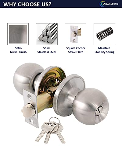 Lanwandeng (2 Pack) Entry Door Knob with Lock and Keys, Exterior/Interior Door Locks with Screwdriver for Bedroom or Bathroom,Satin Nickel Door knobs