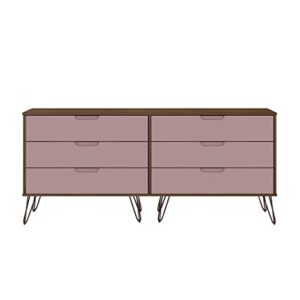 manhattan comfort rockefeller mid century 6-drawer double low dresser with metal legs, native and rose pink