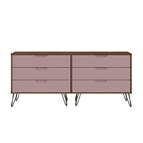 Manhattan Comfort Rockefeller Mid Century 6-Drawer Double Low Dresser with Metal Legs, Native and Rose Pink