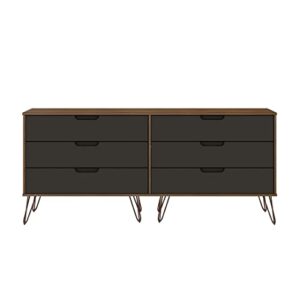 Manhattan Comfort Rockefeller Mid Century 6-Drawer Double Low Dresser with Metal Legs, Native and Rose Pink