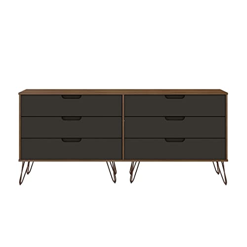 Manhattan Comfort Rockefeller Mid Century 6-Drawer Double Low Dresser with Metal Legs, Native and Rose Pink