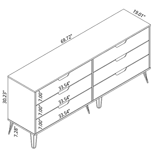 Manhattan Comfort Rockefeller Mid Century 6-Drawer Double Low Dresser with Metal Legs, Native and Rose Pink