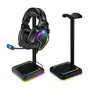 teedor headphone stand, rgb gaming headset holder with 2 usb charger ports & 10 lighting modes for desktop pc game earphone accessories