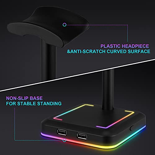 TEEDOR Headphone Stand, RGB Gaming Headset Holder with 2 USB Charger Ports & 10 Lighting Modes for Desktop PC Game Earphone Accessories