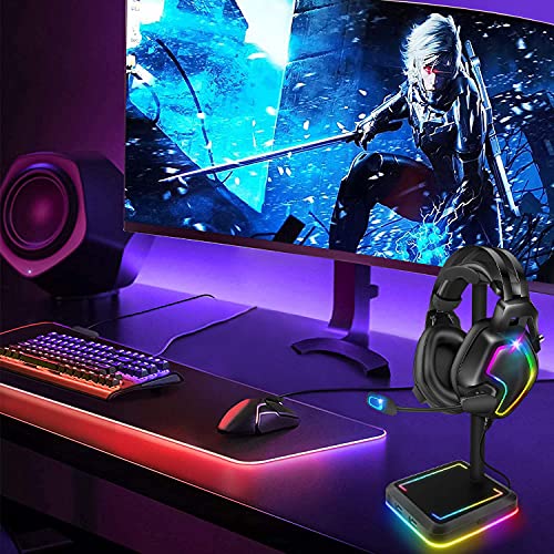 TEEDOR Headphone Stand, RGB Gaming Headset Holder with 2 USB Charger Ports & 10 Lighting Modes for Desktop PC Game Earphone Accessories