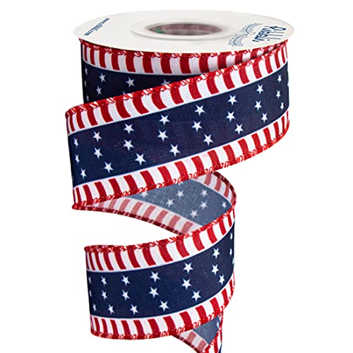 Ribbli 4th of July Patriotic Ribbon,Stars and Stripes Wired Ribbon, 1-1/2 Inch x 10 Yard,Red/White/Navy,Canvas Ribbon for Bow,Wreath,Tree Decoration