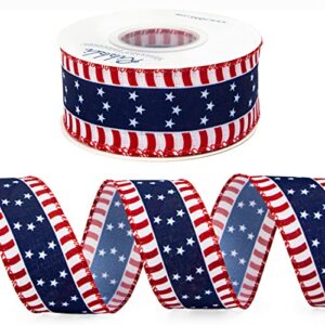 Ribbli 4th of July Patriotic Ribbon,Stars and Stripes Wired Ribbon, 1-1/2 Inch x 10 Yard,Red/White/Navy,Canvas Ribbon for Bow,Wreath,Tree Decoration