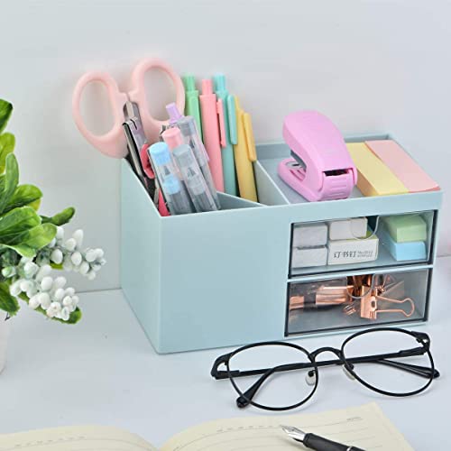 Najerao - Desktop Storage Organizer Pen Holder for Desk Cute Pencil Holder with 2 Drawer Desk Organization for Office, Home, School(Blue)