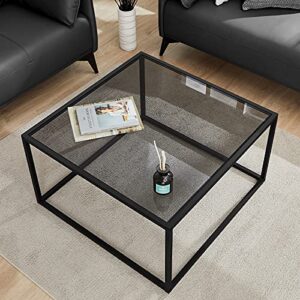 saygoer glass coffee table, small modern coffee table square simple center tables for living room 26.7 x 26.7 x 15.7 inches, gray black