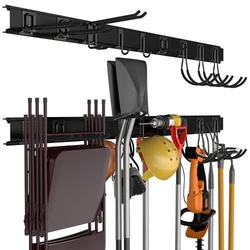 INCLY Garage Tool Storage Rack, 12 PCS Garden Yard Tool Organizer Wall Mount, 72 Inch Adjustable Heavy Duty Steel Garage Organization System with 3 Racks & 9 Wall Hooks