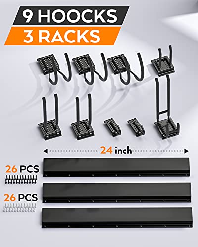 INCLY Garage Tool Storage Rack, 12 PCS Garden Yard Tool Organizer Wall Mount, 72 Inch Adjustable Heavy Duty Steel Garage Organization System with 3 Racks & 9 Wall Hooks