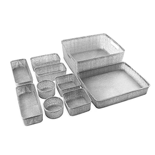 Isaac Jacobs 10-Piece Glitter Plastic Organizer (13.75” x 11.2” x 5.1”) Set w/Cut-Out Handles, Multi-Functional Home Storage, Desk, Office, Bathroom, Bedroom, Closet, Playroom (10-Piece, Silver)