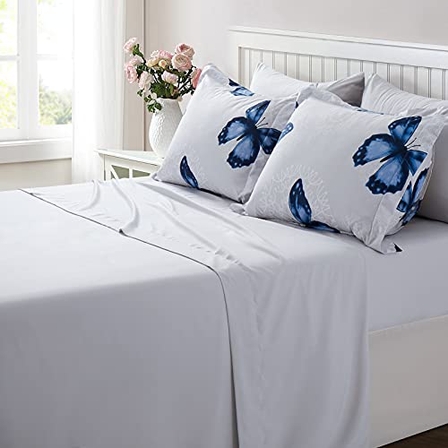 ARTALL Butterfly Pattern Bed in A Bag Bedding 8 Piece Full/Queen Comforter Sets 1 Comforter, 2 Pillow Shams, 1 Flat Sheet, 1 Fitted Sheet, 1 Bed Skirt, 2 Pillowcases,Blue