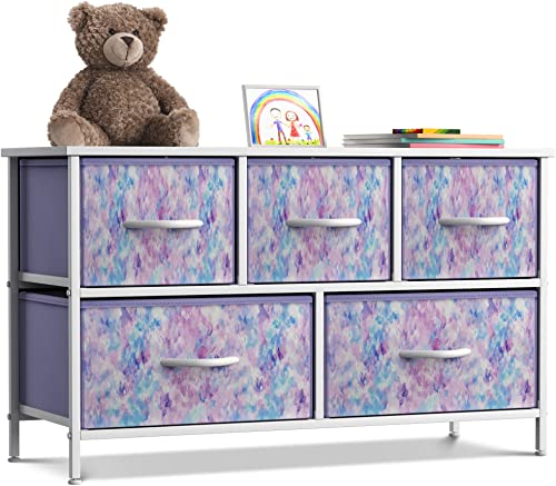 Sorbus Kids Dresser with 5 Drawers - Storage Chest Organizer Unit with Steel Frame, Wood Top, Easy Pull Fabric Bins - Long Wide TV Stand for Bedroom Furniture, Hallway, Closet & Office Organization