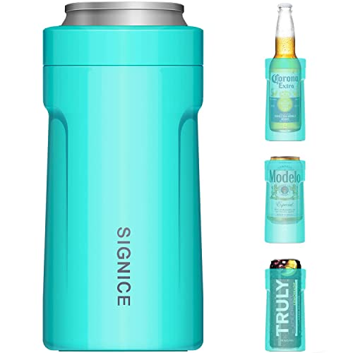 3-IN-1 Insulated Can Cooler - Signice Double Walled Vacuum Insulator Stainless Steel Slim Can Cooler for 12 Oz Skinny Tall Can/Standard Regular Can/Beer Bottle (Aqua)