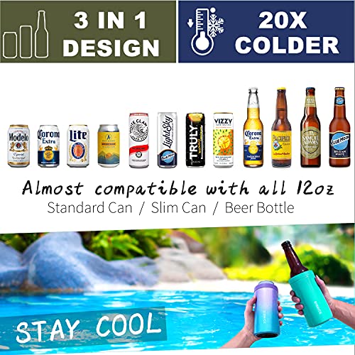 3-IN-1 Insulated Can Cooler - Signice Double Walled Vacuum Insulator Stainless Steel Slim Can Cooler for 12 Oz Skinny Tall Can/Standard Regular Can/Beer Bottle (Aqua)