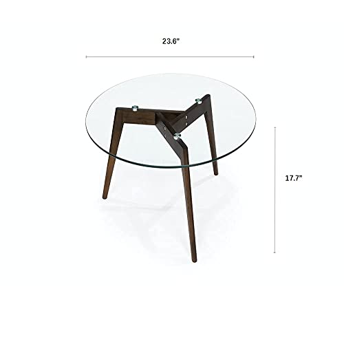 Round Tempered Glass End Table, Round Mid Century Coffee Table, Minimalist Small Coffee Table for Small Spaces Living Room Office, with Triskele Walnut Wood Legs (23.6" D x 17.7" H)