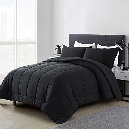 DOWNCOOL Queen Comforter Set -All Seasons Bedding Comforters & Sets with 2 Pillow Cases-3 Pieces Bed Set Queen Down Alternative Comforter Set -Black Bedding Comforter Sets Queen (88x90 inches)