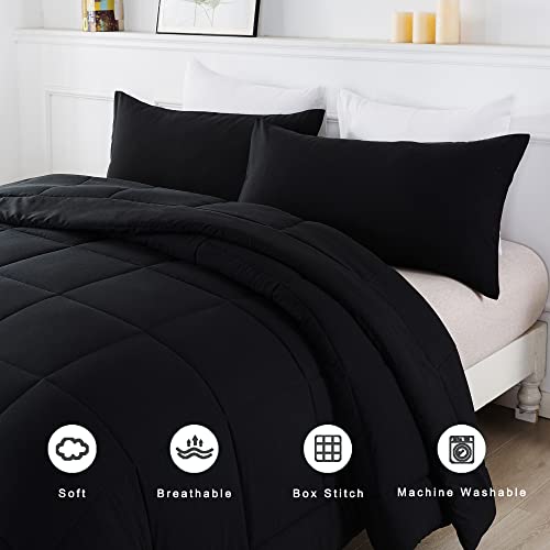 DOWNCOOL Queen Comforter Set -All Seasons Bedding Comforters & Sets with 2 Pillow Cases-3 Pieces Bed Set Queen Down Alternative Comforter Set -Black Bedding Comforter Sets Queen (88x90 inches)