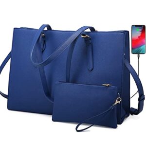 lovevook laptop bag for women, fashion computer tote bag large capacity handbag, leather shoulder bag purse set, professional business work briefcase for office lady, 2pcs, 15.6-inch, dark blue