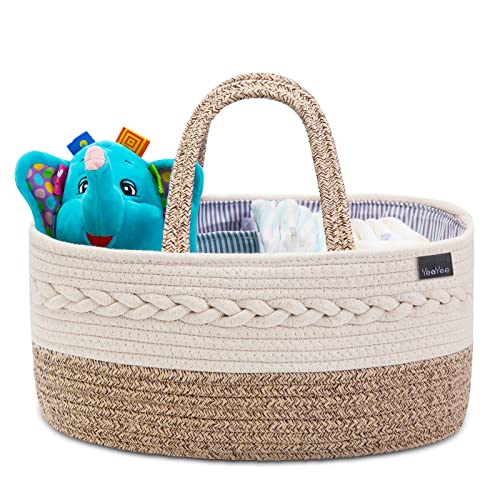 YeaYee Baby Diaper Caddy Organizer, Portable Nursery Storage Basket with Changeable Compartments, 100% Cotton Woven Rope Baskets, Car & Changing Table Tote, Newborn Gift