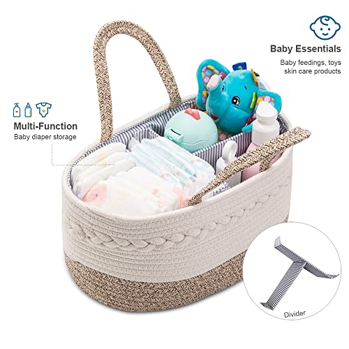 YeaYee Baby Diaper Caddy Organizer, Portable Nursery Storage Basket with Changeable Compartments, 100% Cotton Woven Rope Baskets, Car & Changing Table Tote, Newborn Gift