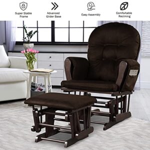 Costzon Glider and Ottoman Set, Wood Glider Rocker for Nursery, Upholstered Comfort Nursing Rocking Chair with Storage Pocket, Padded Armrests & Detachable Cushion, Easy to Assemble (Brown)